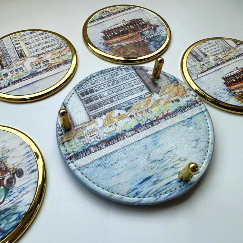Premium Coasters Set with holder – Singapore River
